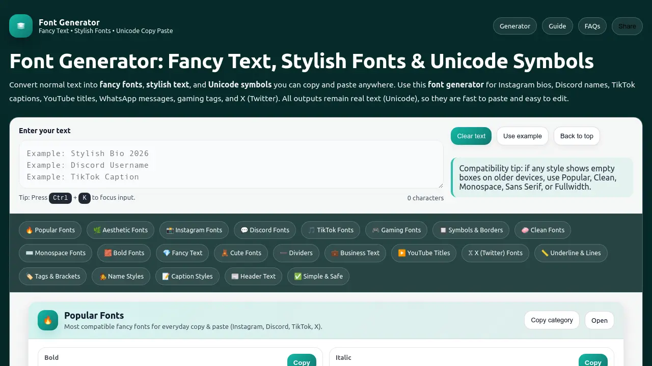 Font Generator - Fancy Text • Stylish Fonts • Unicode Copy Paste