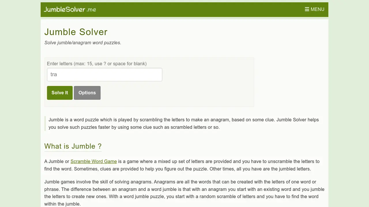 Jumble Solver - Unscramble letters to solve word puzzles instantly