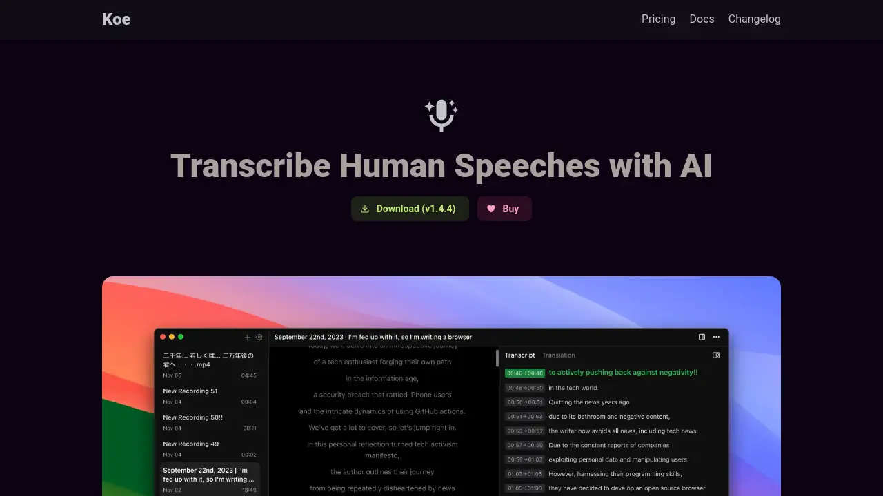 Koe - Transcribe Human Speeches with AI