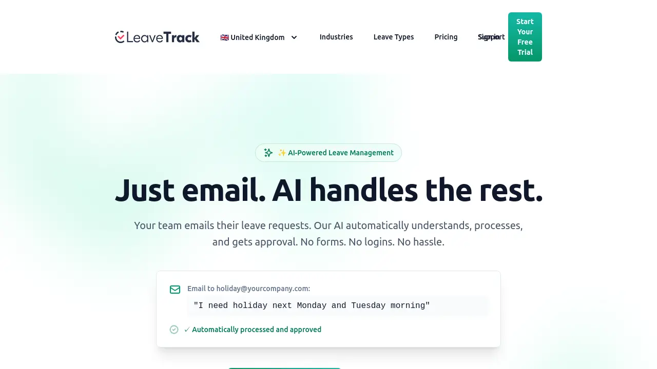LeaveTrack - AI-Powered Leave Management Just Email. AI Handles the Rest.