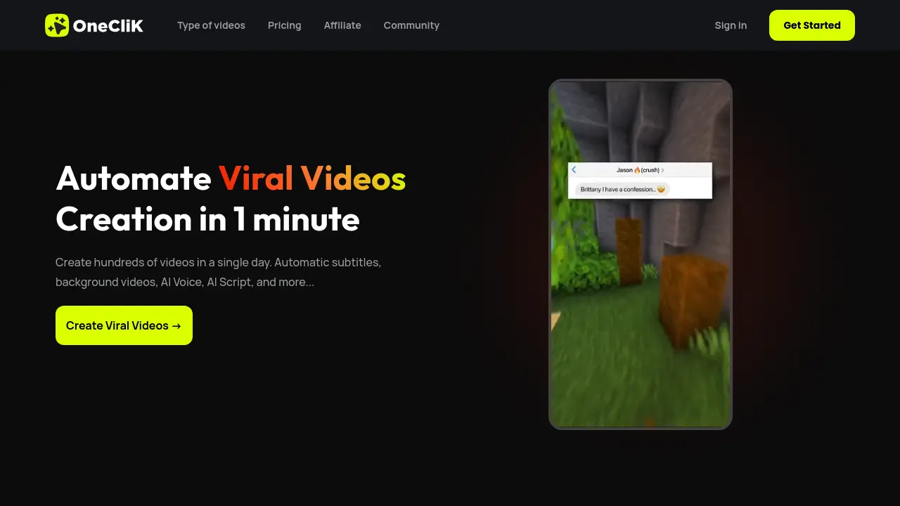 OneCliK - Automate Viral Video Creation in 1 Minute