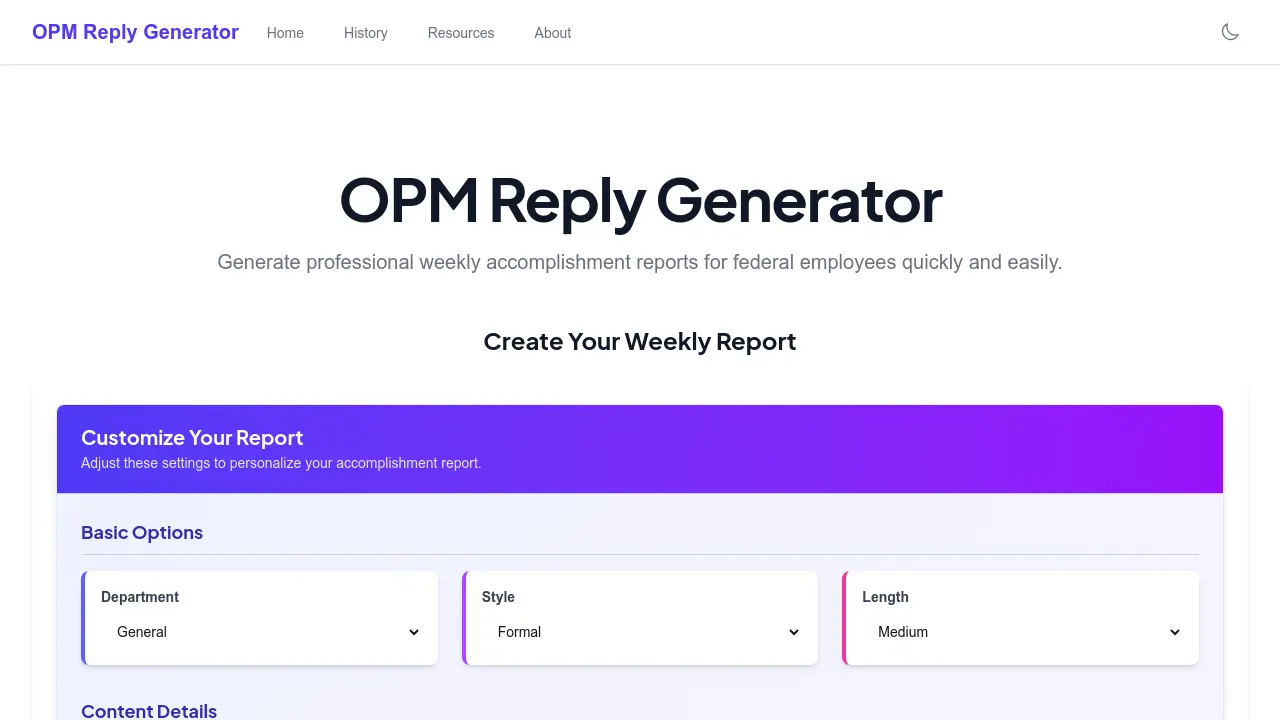 OPM Reply Generator - Generate professional weekly accomplishment ...
