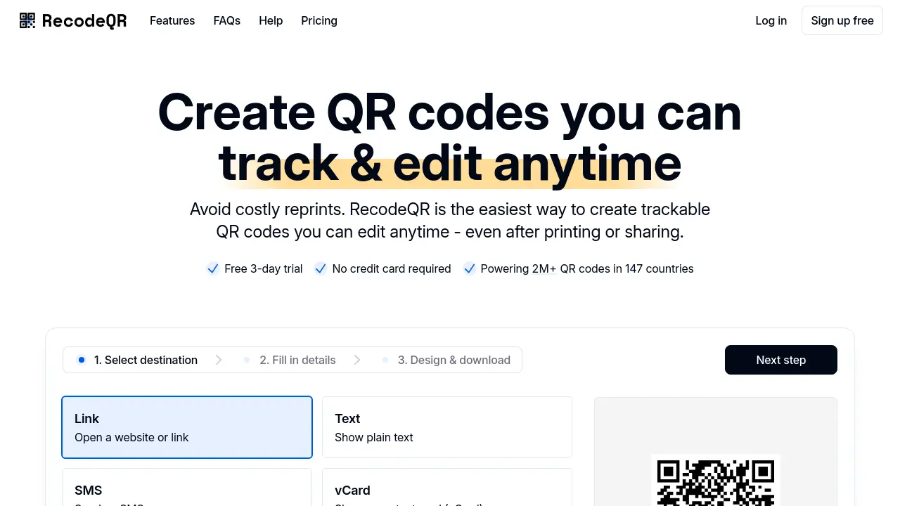 RecodeQR - Create QR codes you can track & edit anytime
