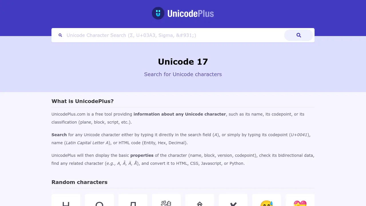 UnicodePlus - Free Unicode Character Information Tool