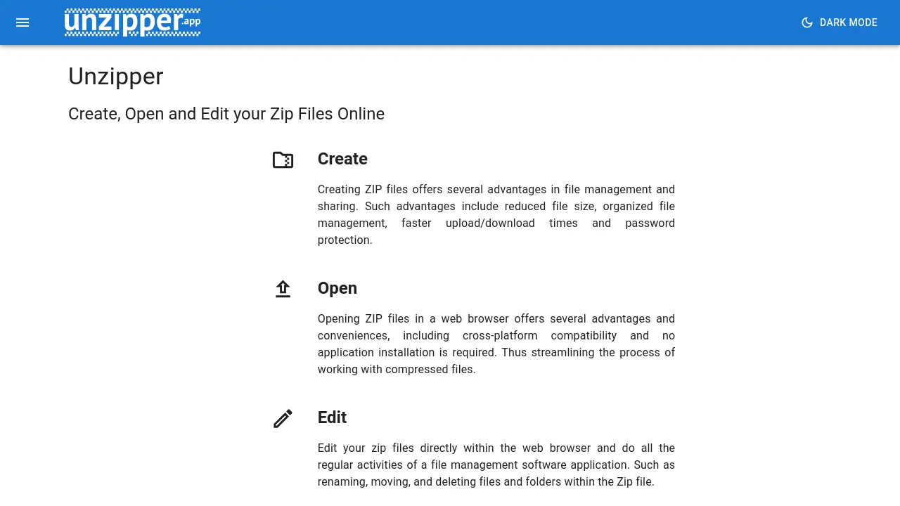 Unzipper.app - Online ZIP File Creation, Opening, and Editing